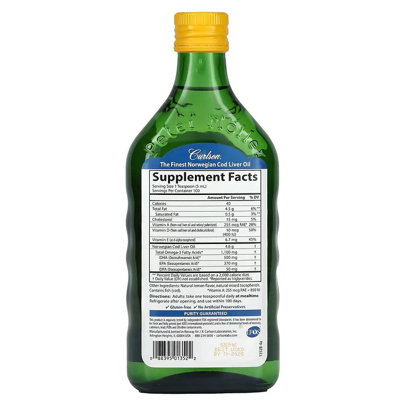 Carlson, Wild Norwegian, Cod Liver Oil, Natural Lemon , 16.9 fl oz (500 ...